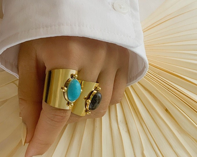 Wide Gold Semi Precious Stone Ring / Adjustable Gold Ring / - Etsy