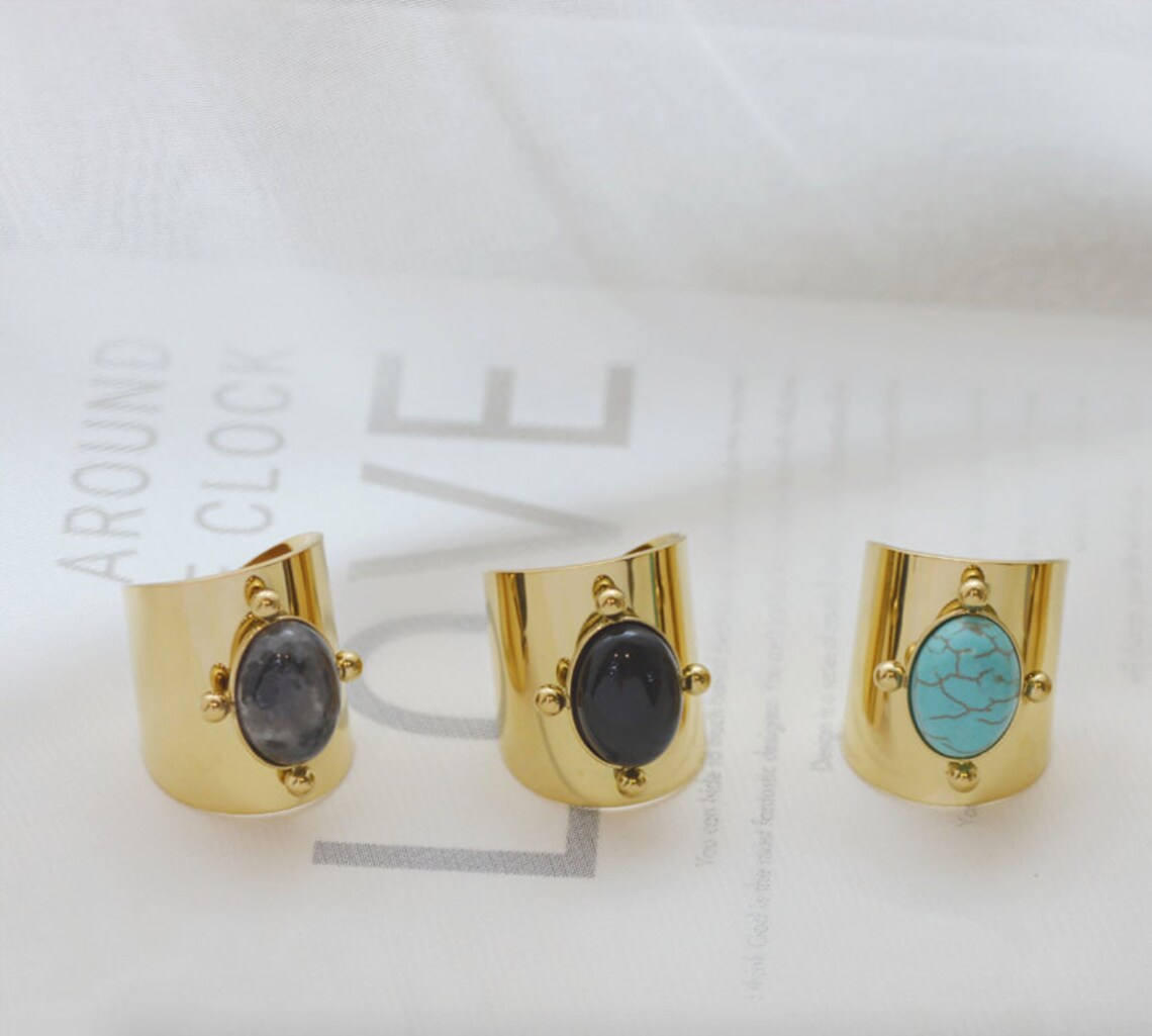 Wide Gold Semi Precious Stone Ring / Adjustable gold ring / | Etsy