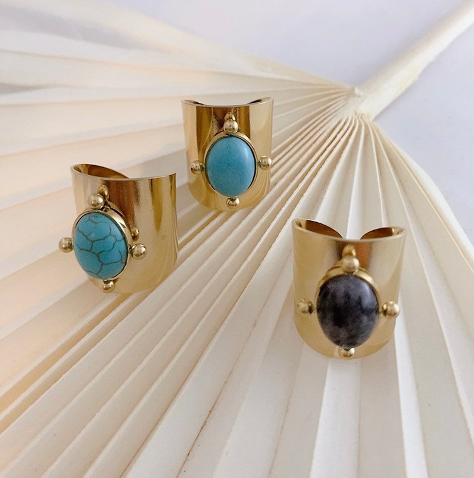 Wide Gold Semi Precious Stone Ring / Adjustable gold ring / | Etsy