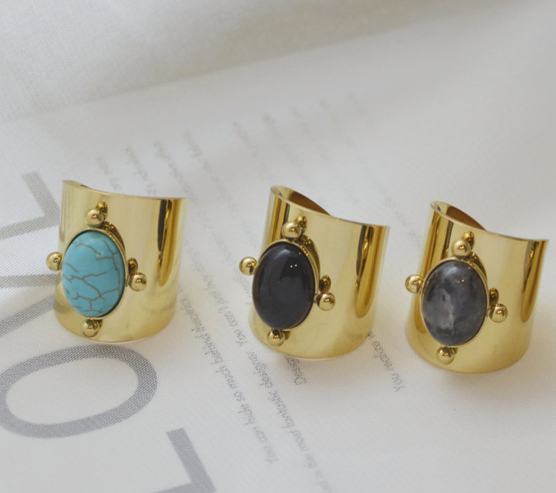 Wide Gold Semi Precious Stone Ring / Adjustable gold ring / | Etsy