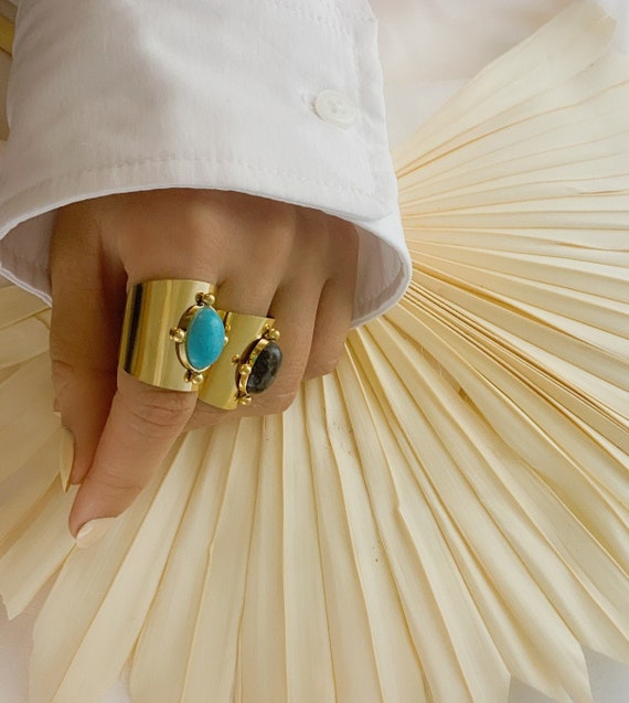 Wide Gold Semi Precious Stone Ring / Adjustable gold ring / | Etsy