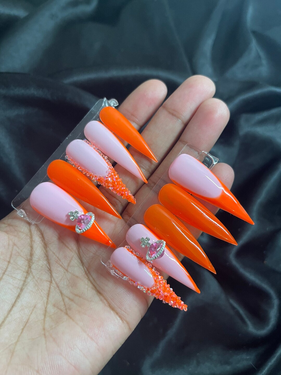 Fire Orange Bling French Tip Nails Artificial Summer Nails, Planet ...