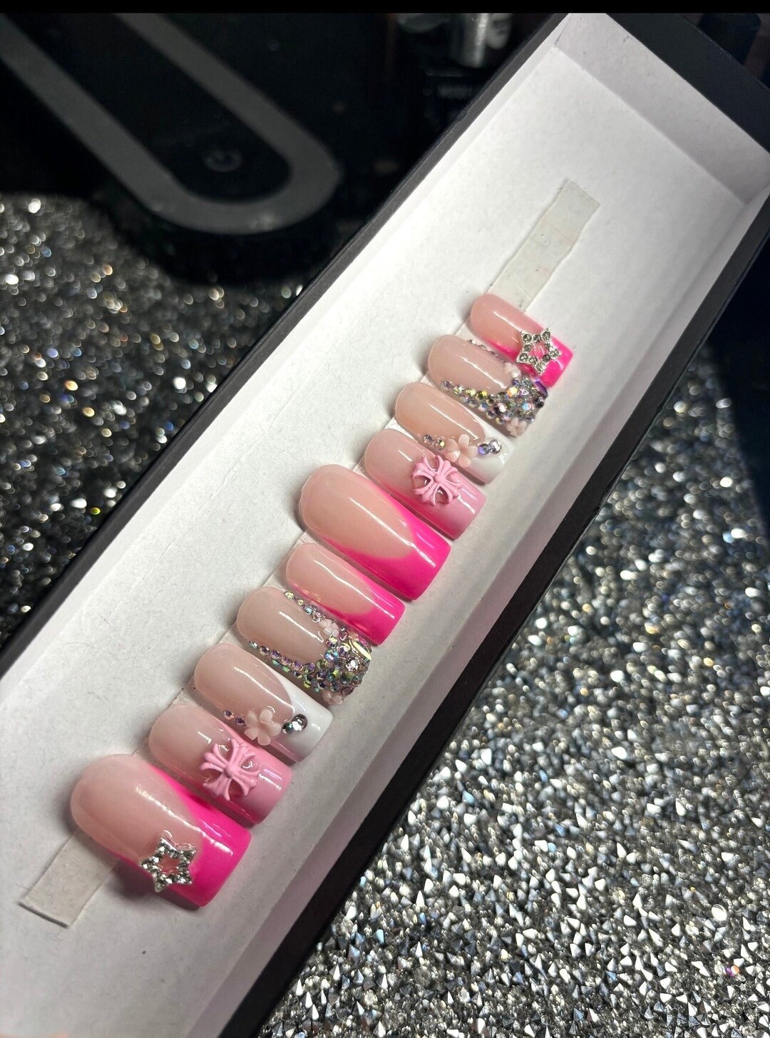 Pink Cross Charm Press on Nails, Prenium Bling Nails, Birthday Nails - Etsy