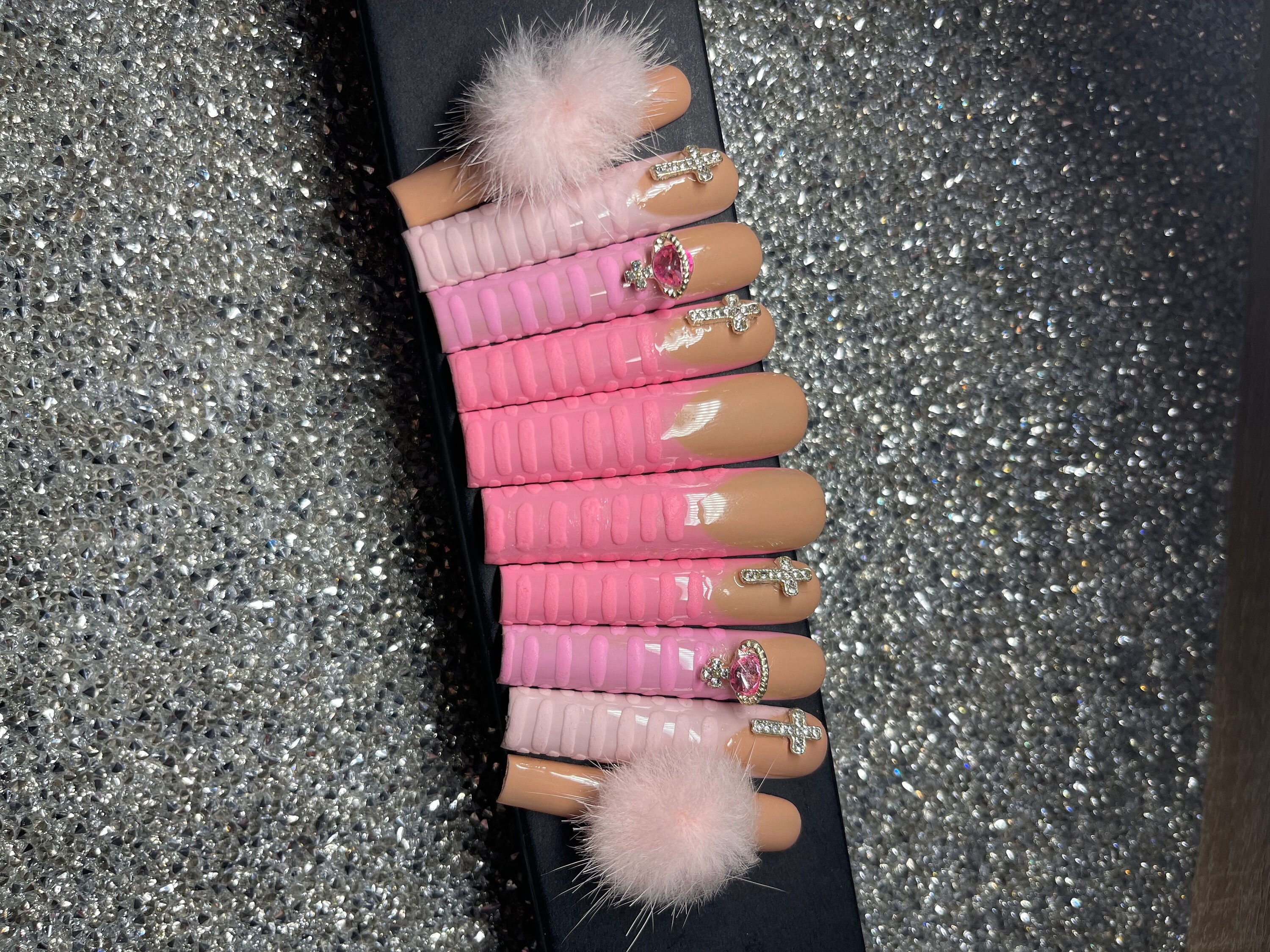 3XL Hot Pink French Tip Croc Nails With Silver Cross Charms Pom Pom ...