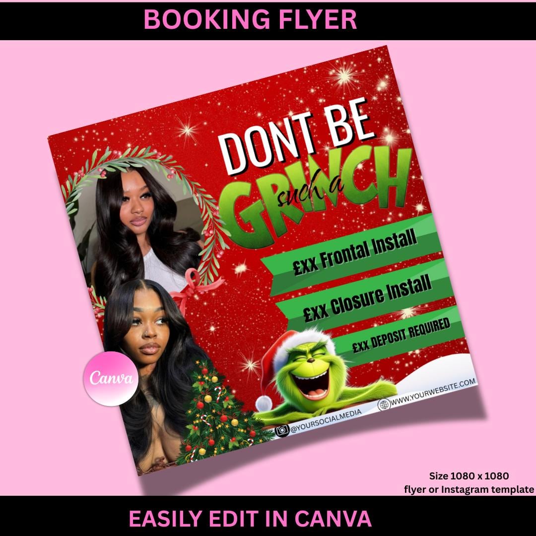 Grinch December Booking Template, Christmas Hair Flyer, Holiday Season ...