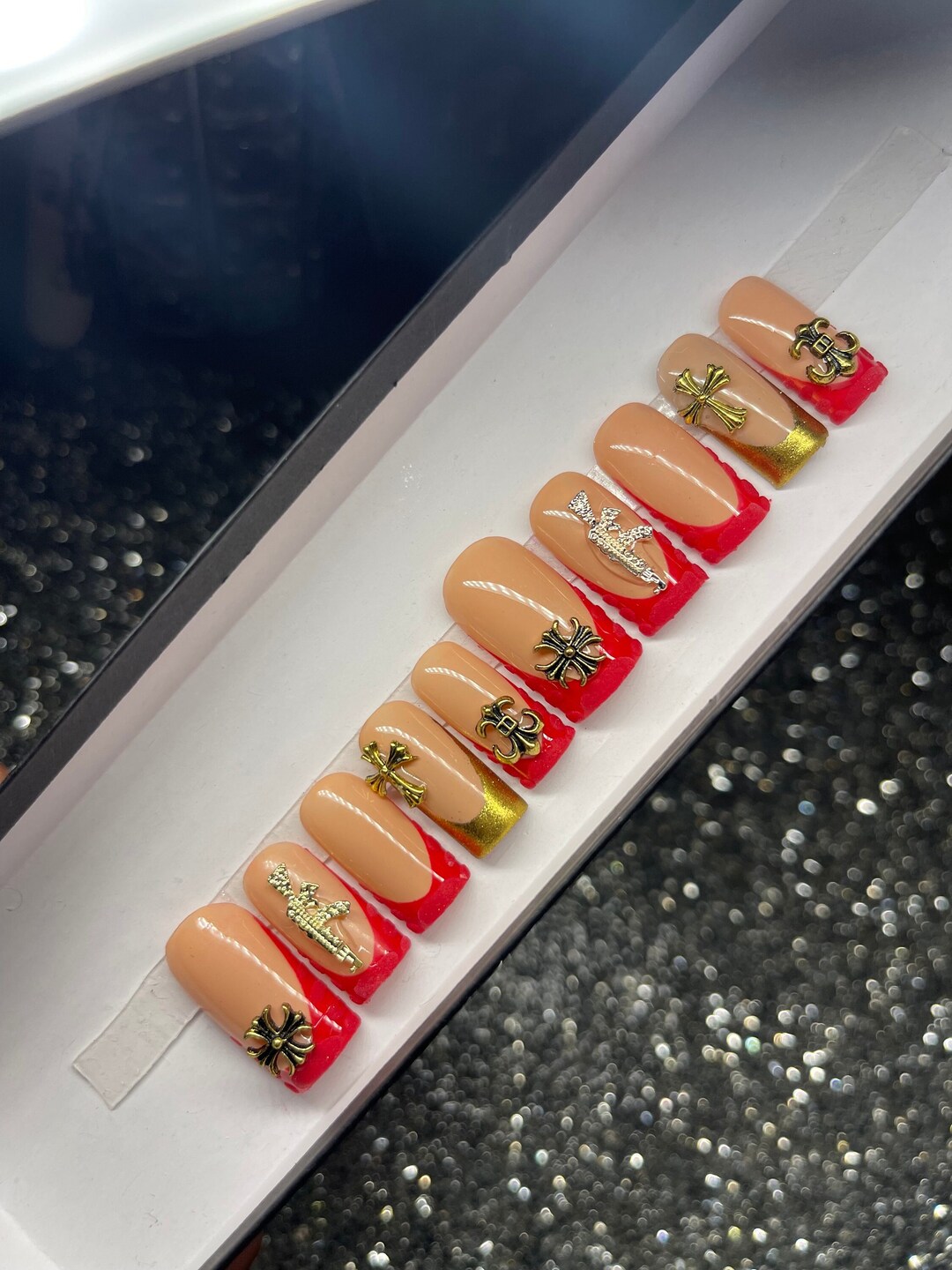 Gold Chrome French Tip Red Croc Press on Nails Artificial Gold Bling ...