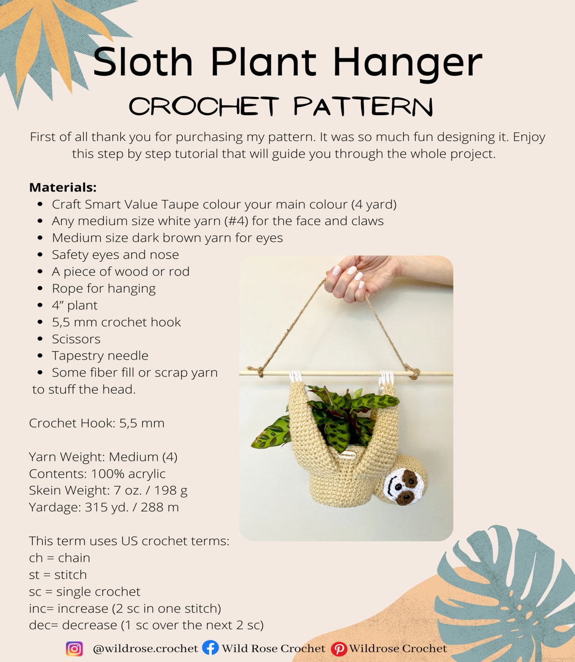 Amigurumi Sloth Plant Hanger Crochet PATTERN - Etsy