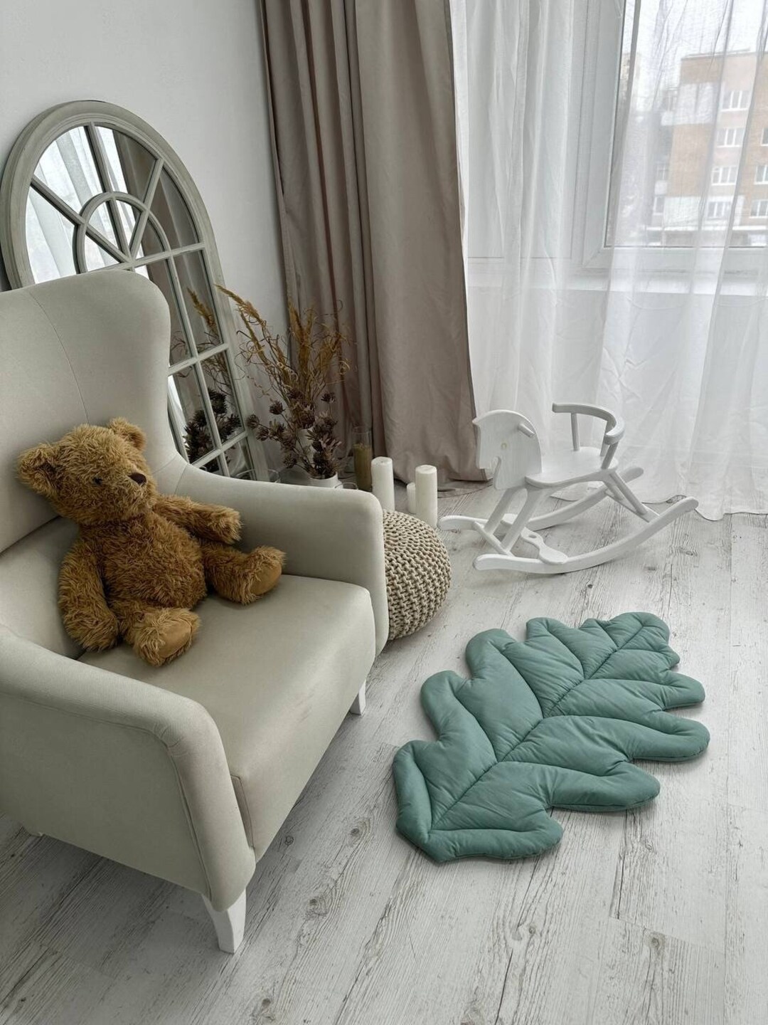 Baby Care Play Mat , Sage Green Play Mat Oak Leaf Shape Mat , Cotton ...