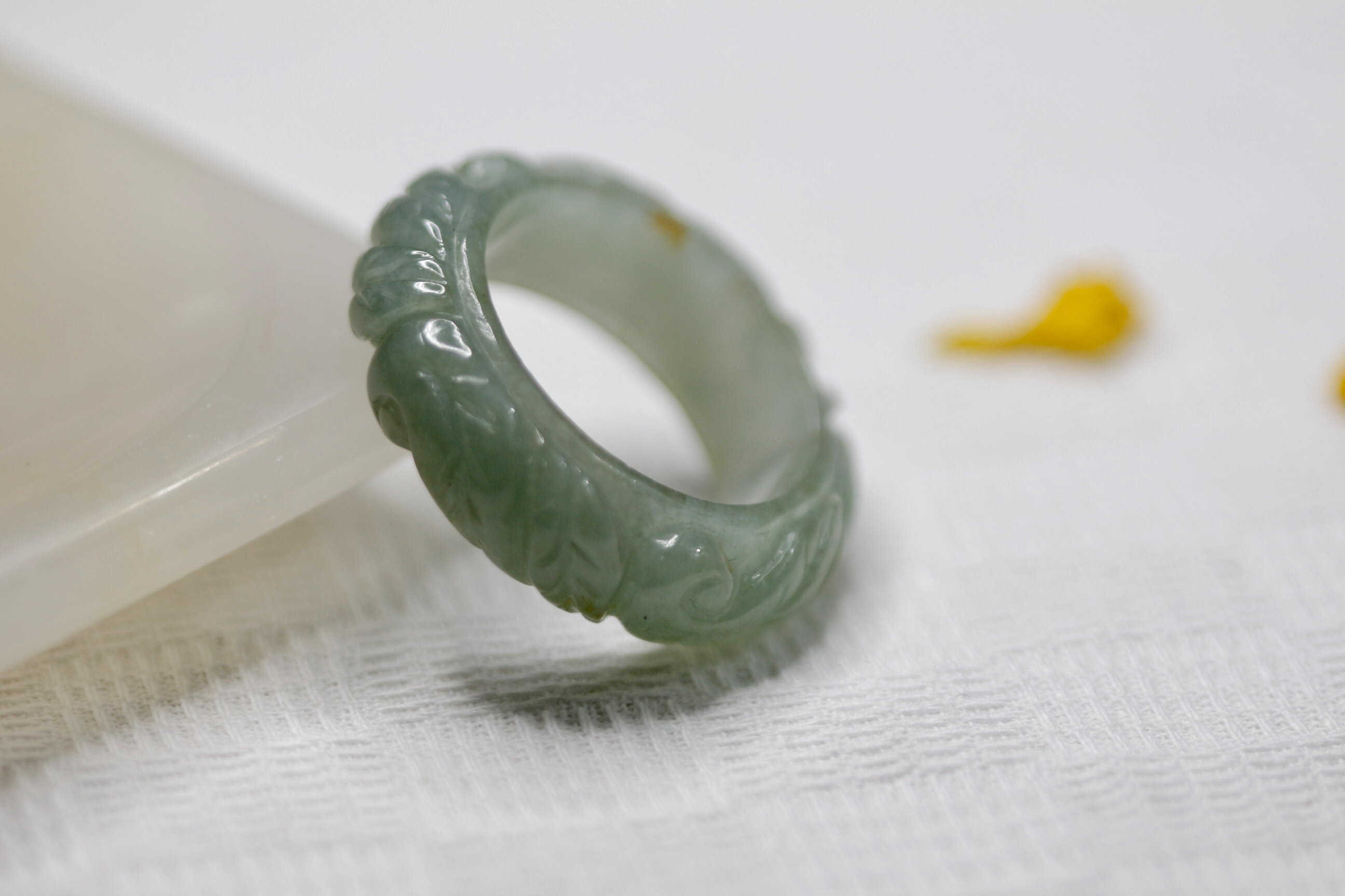 Hand Carved Certified Jade Ring Floral Carved Light Green Natural Type ...