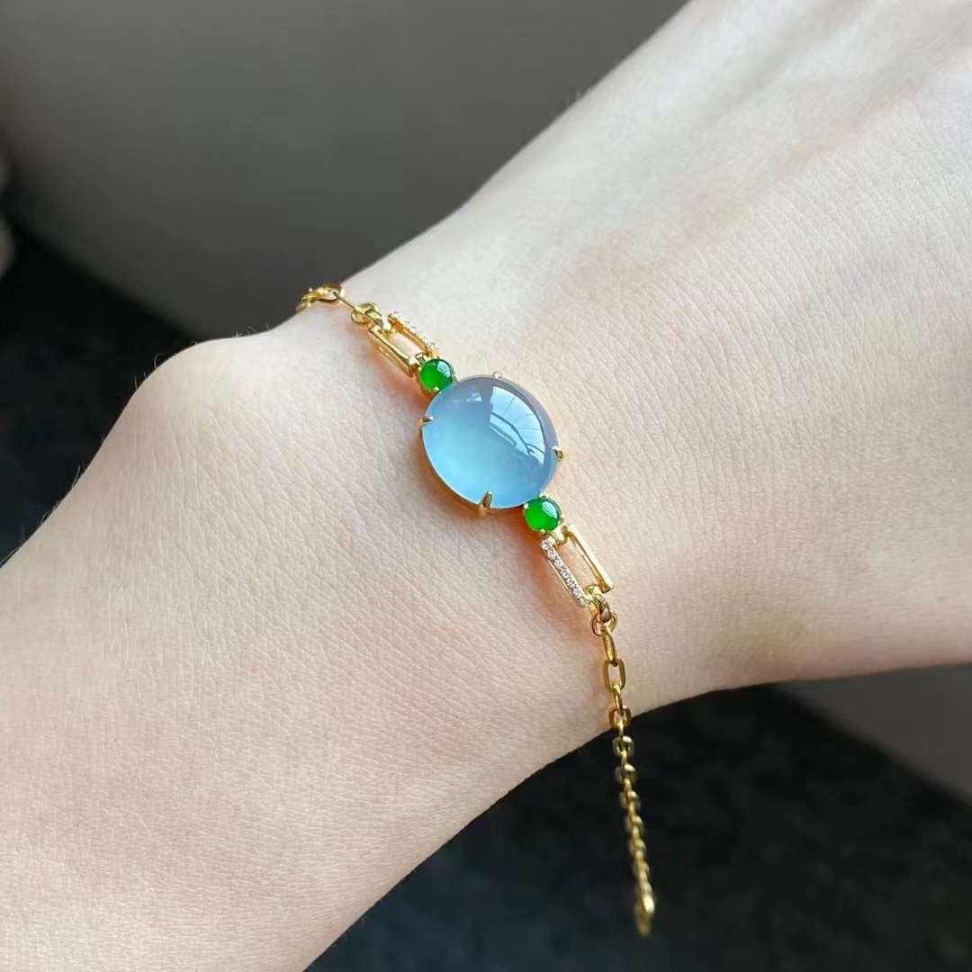 Jade Bracelet 18K Solid Gold Beautiful Blue Ocean Jade Bracelet Set in ...