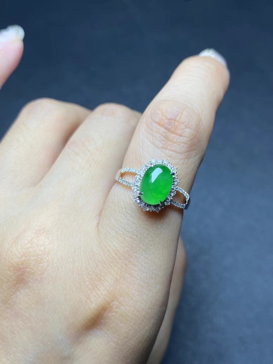 Imperial Green Jadeite Ring, 18k White Gold, Natural Diamond Halo - Etsy