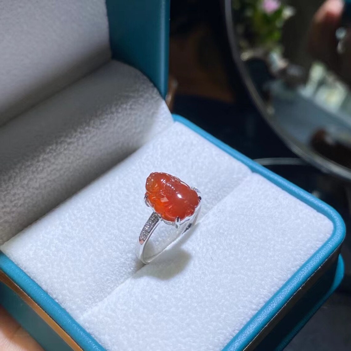 Red Jade Ring Natural Jadeite Pixiu Ring 18k White Gold Natural Diamond ...