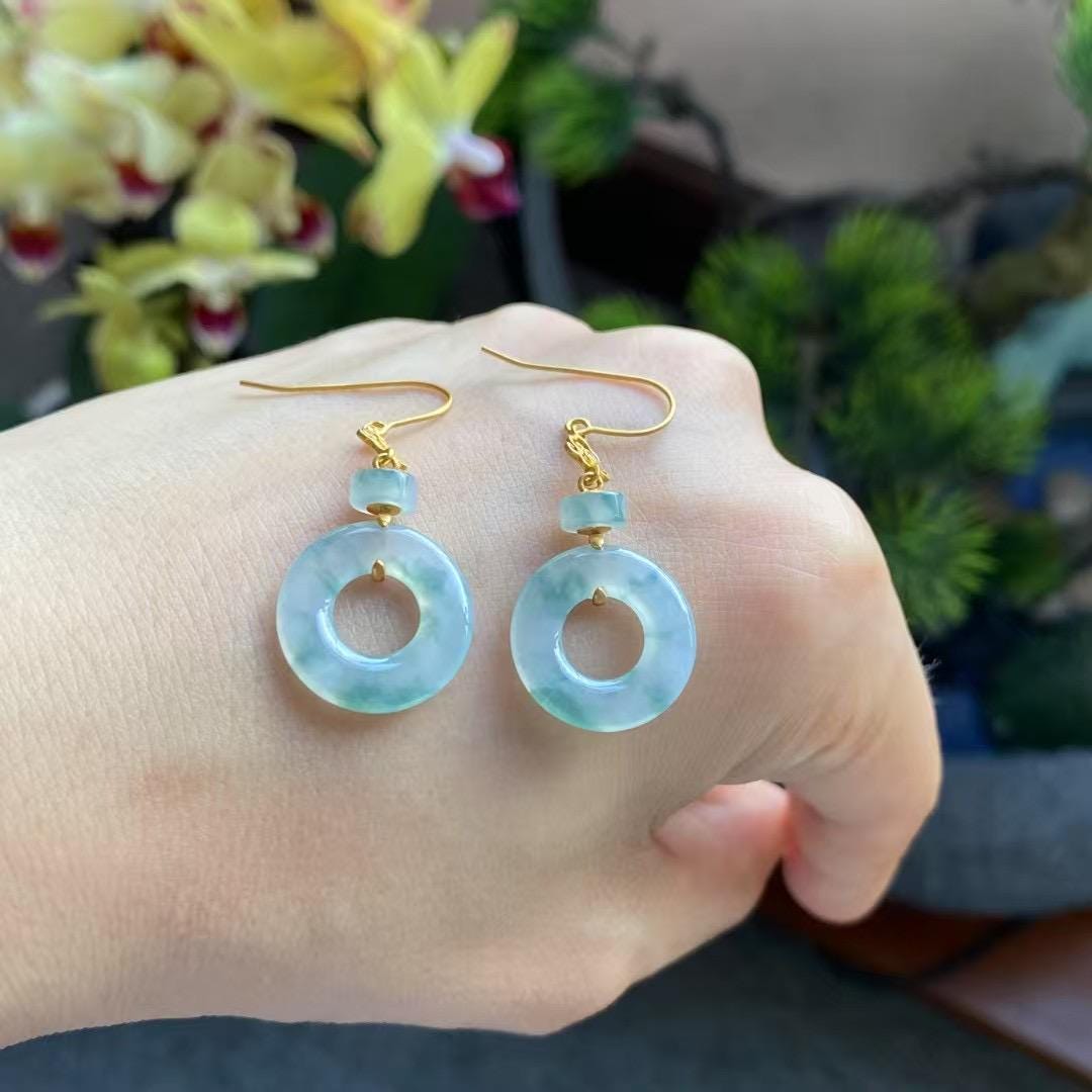 Moss in Snow Jade Donut Earrings - Natural Icy Jade Dangle Earrings ...