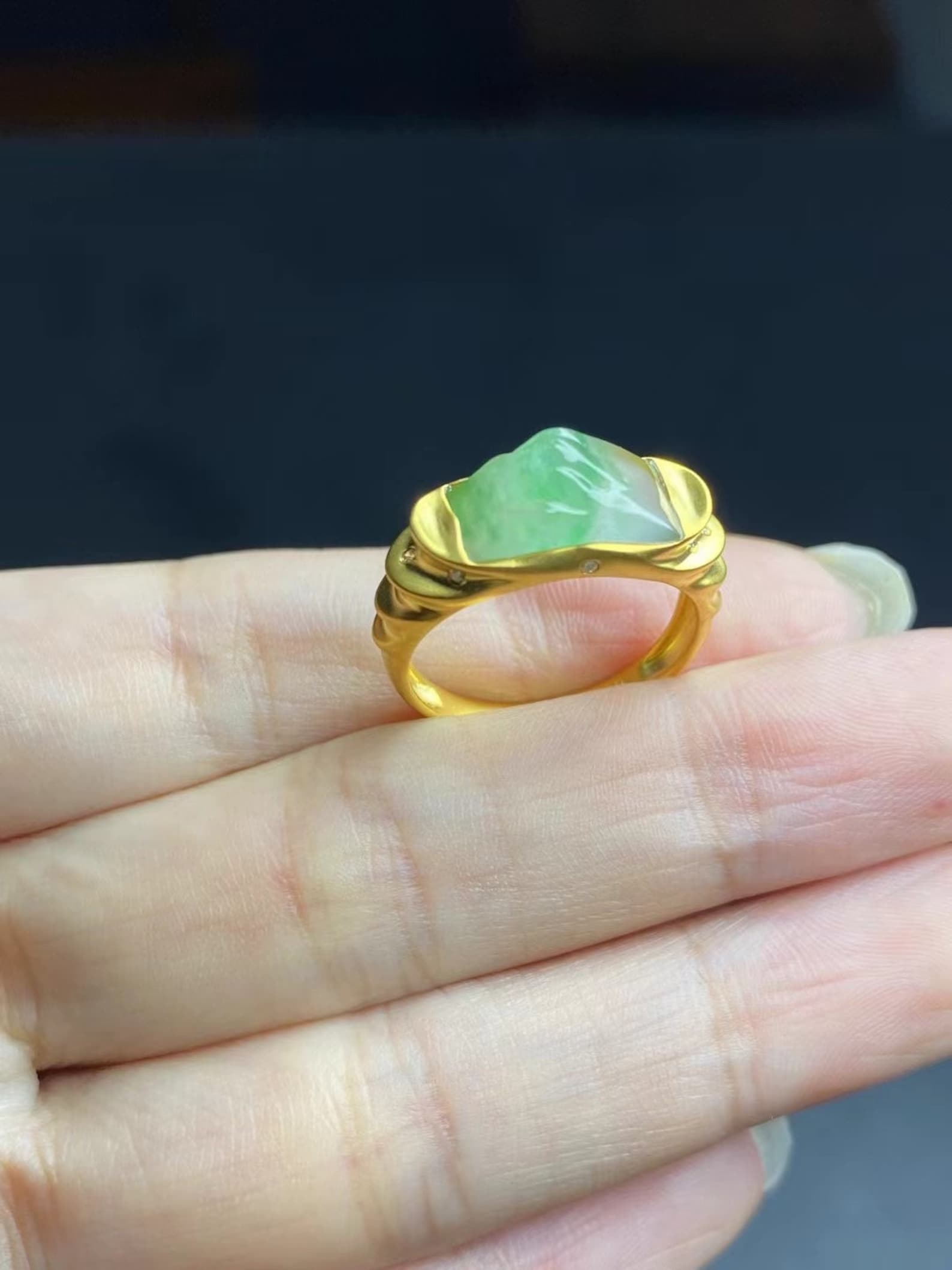 Jade Ring Natural Icy White and Green Shard Jadeite Ring 18k Yellow ...