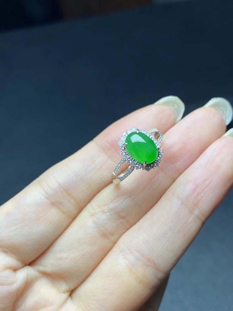 Imperial Green Jade Ring Natural Icy Green Jadeite Set in 18k White ...