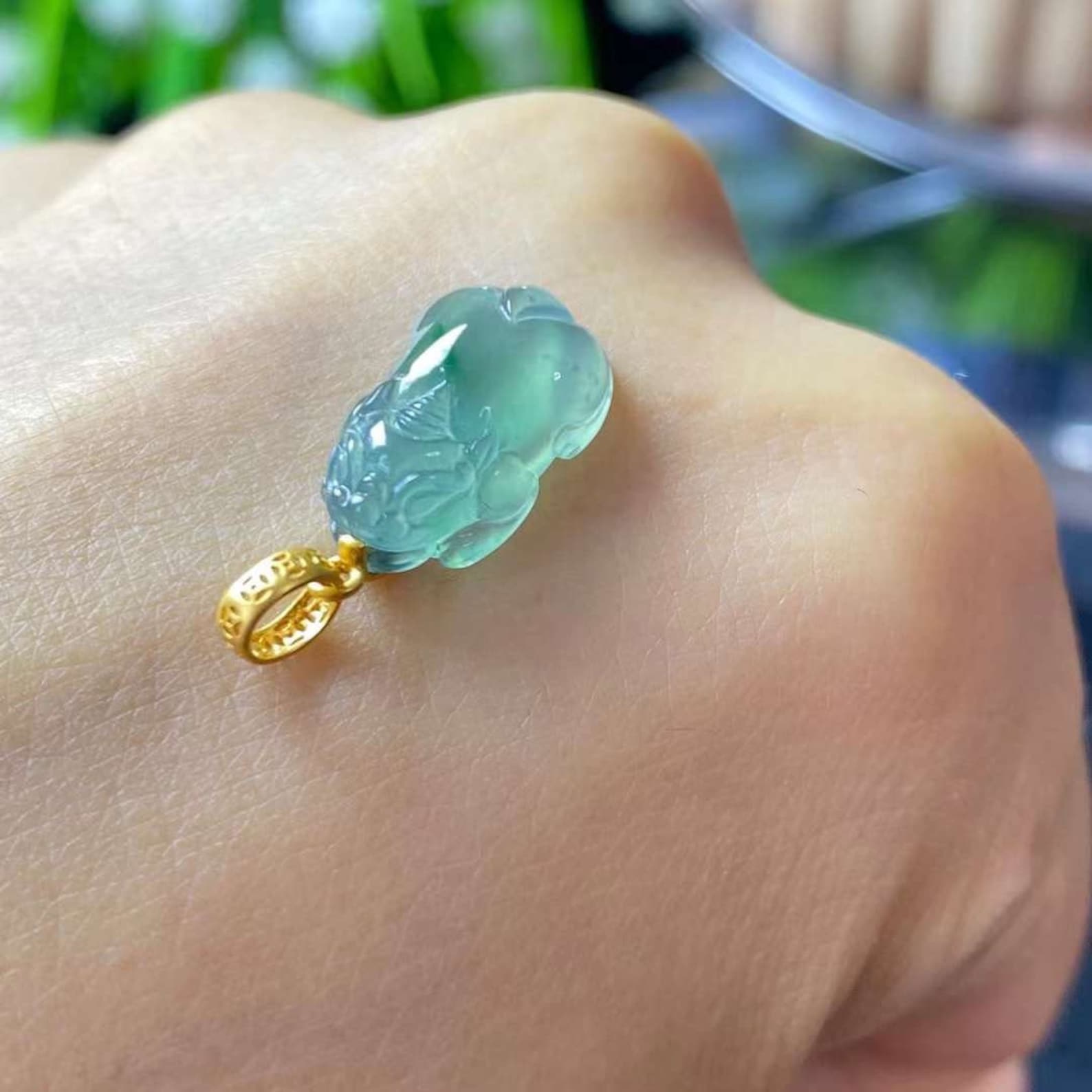 Jade Pendant 18K Solid Gold Beautiful Blue Ocean Jade Set in 18K Yellow ...