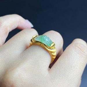 Jade Ring Natural Icy White and Green Shard Jadeite Ring 18k Yellow ...