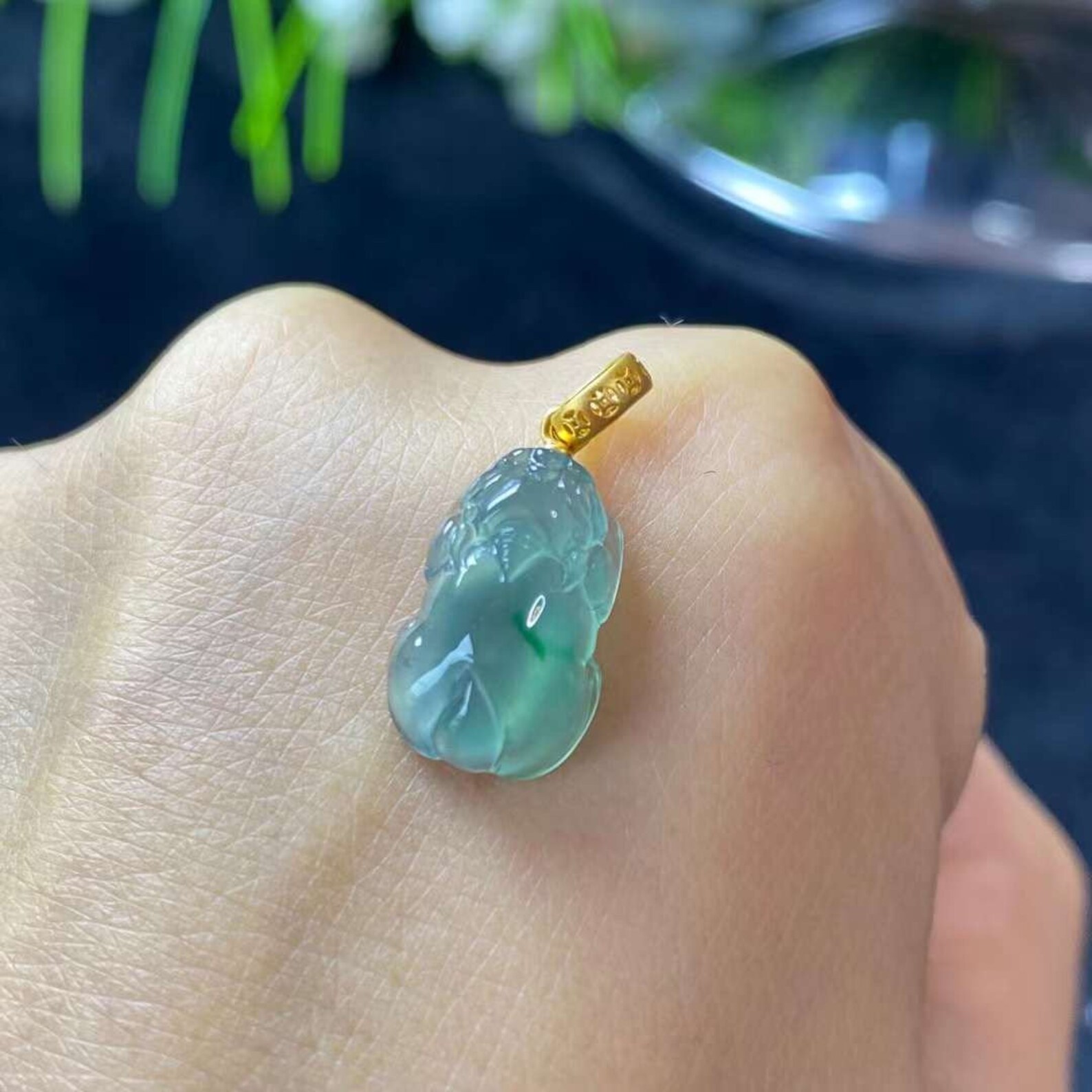 Jade Pendant 18K Solid Gold Beautiful Blue Ocean Jade Set in 18K Yellow ...