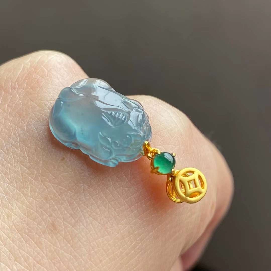 Jade Pendant 18K Solid Gold Beautiful Blue Jade Set in 18K Yellow Solid ...
