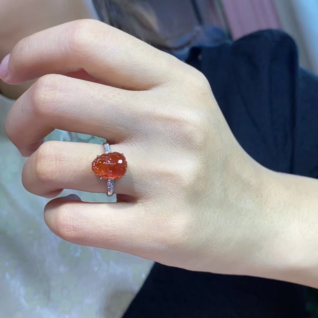 Red Jade Ring Natural Jadeite Pixiu Ring 18k White Gold Natural Diamond ...