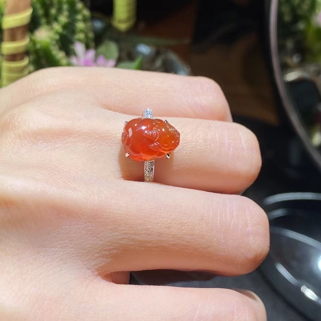 Red Jade Ring Natural Jadeite Pixiu Ring 18k White Gold Natural Diamond ...