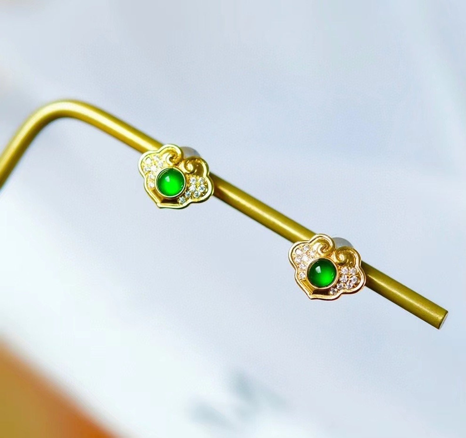 Jade Cloud Earrings, 18K Gold, Natural Diamond, Type A Jadeite - Etsy