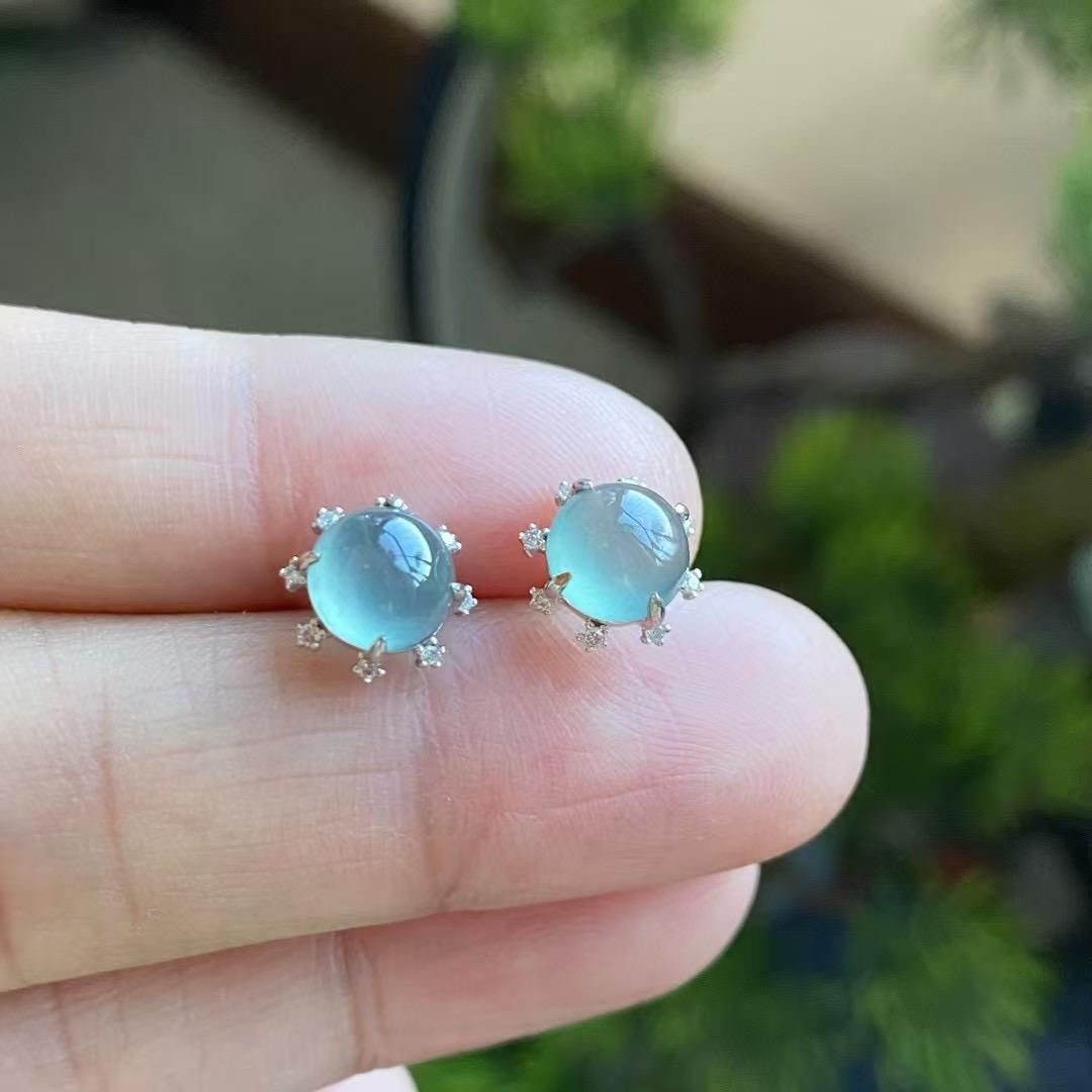 Light Blue Jade Studs - Natural Jade Earrings - Jade Set in 18K Solid ...