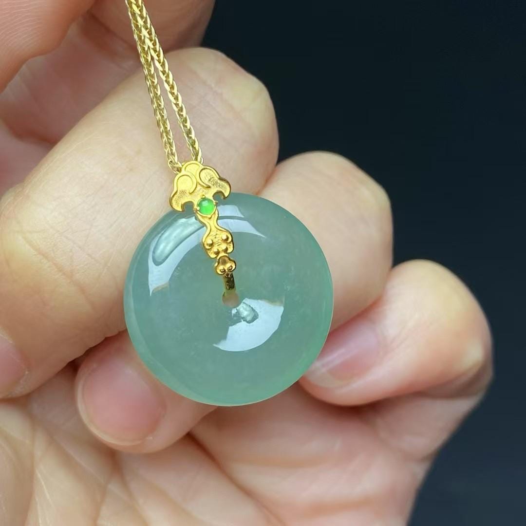 Deep Forest Green Jade Donut Pendant - Natural Jadeite Disc Charm - 18K ...