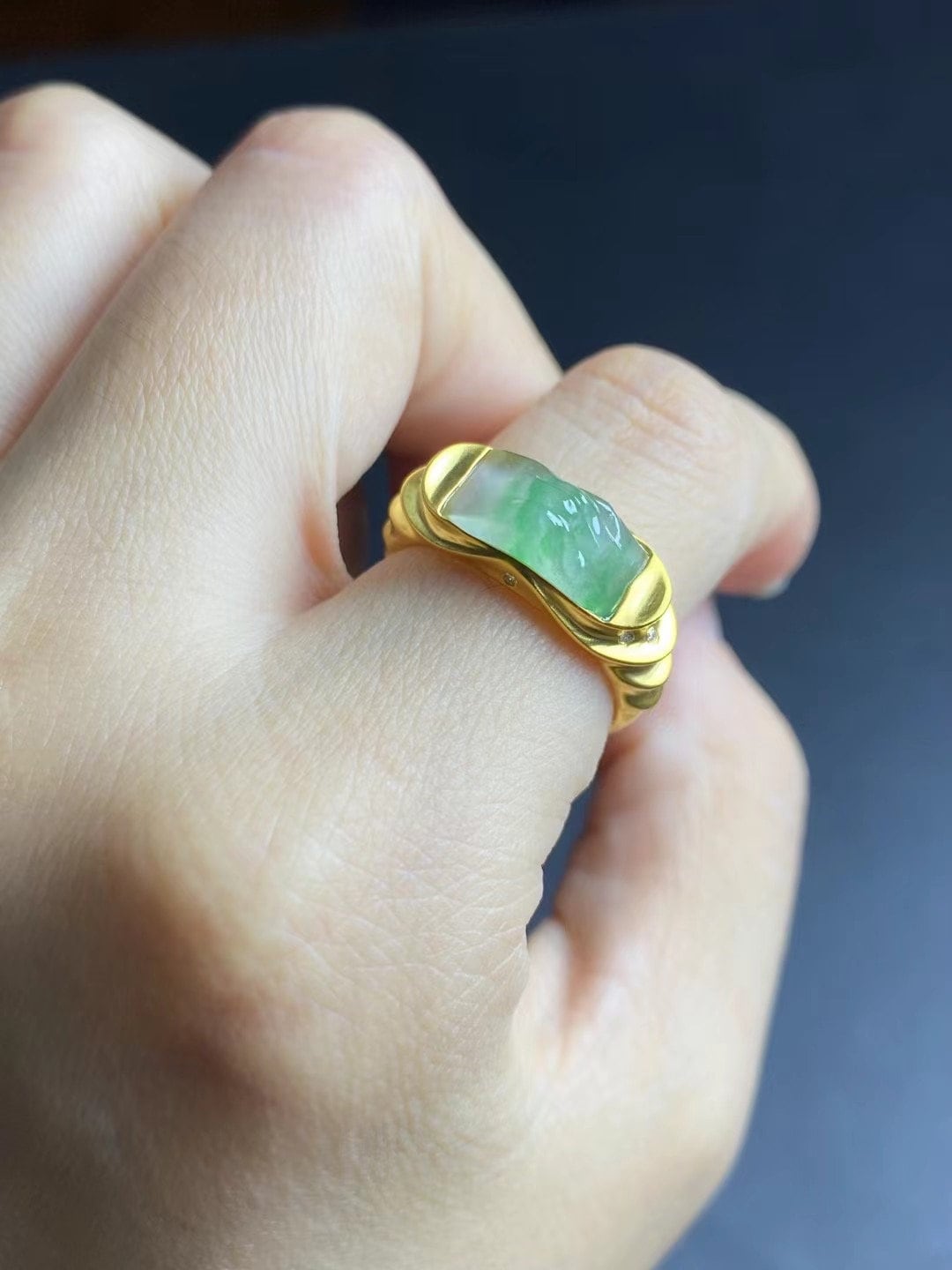 Jade Ring Natural Icy White and Green Shard Jadeite Ring 18k Yellow ...