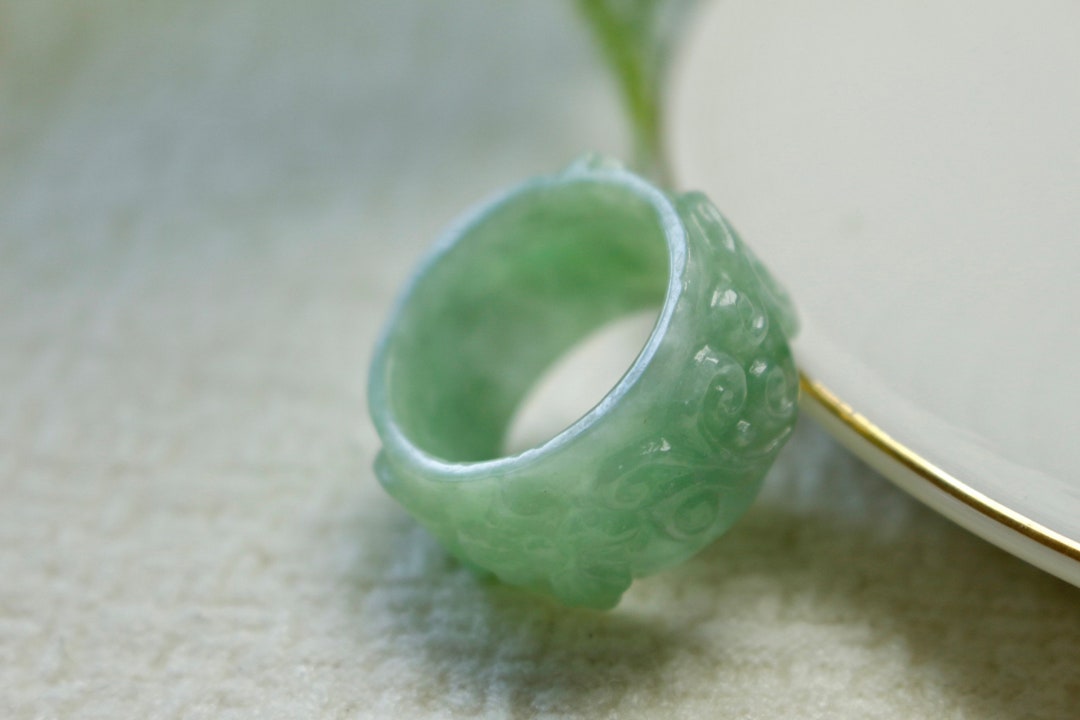 Jade Floral Carved Thumb Ring Apple Green Jadeite Band Natural Type A ...