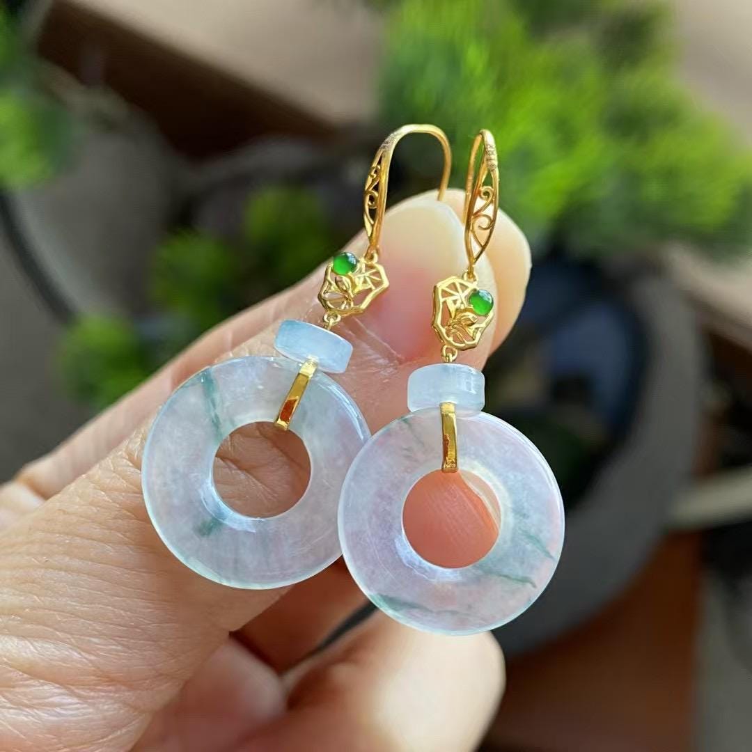 Moss in Snow Jade Donut Earrings - Natural Icy Jade Dangle Earrings ...