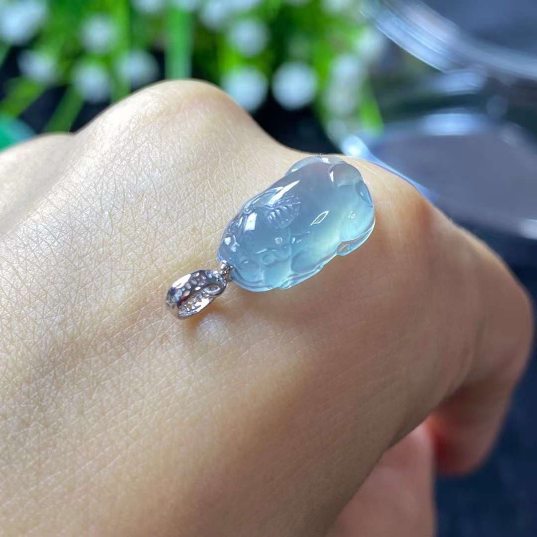 Jade Pendant 18K Solid Gold Beautiful Blue Ocean Jade Set in 18K White ...