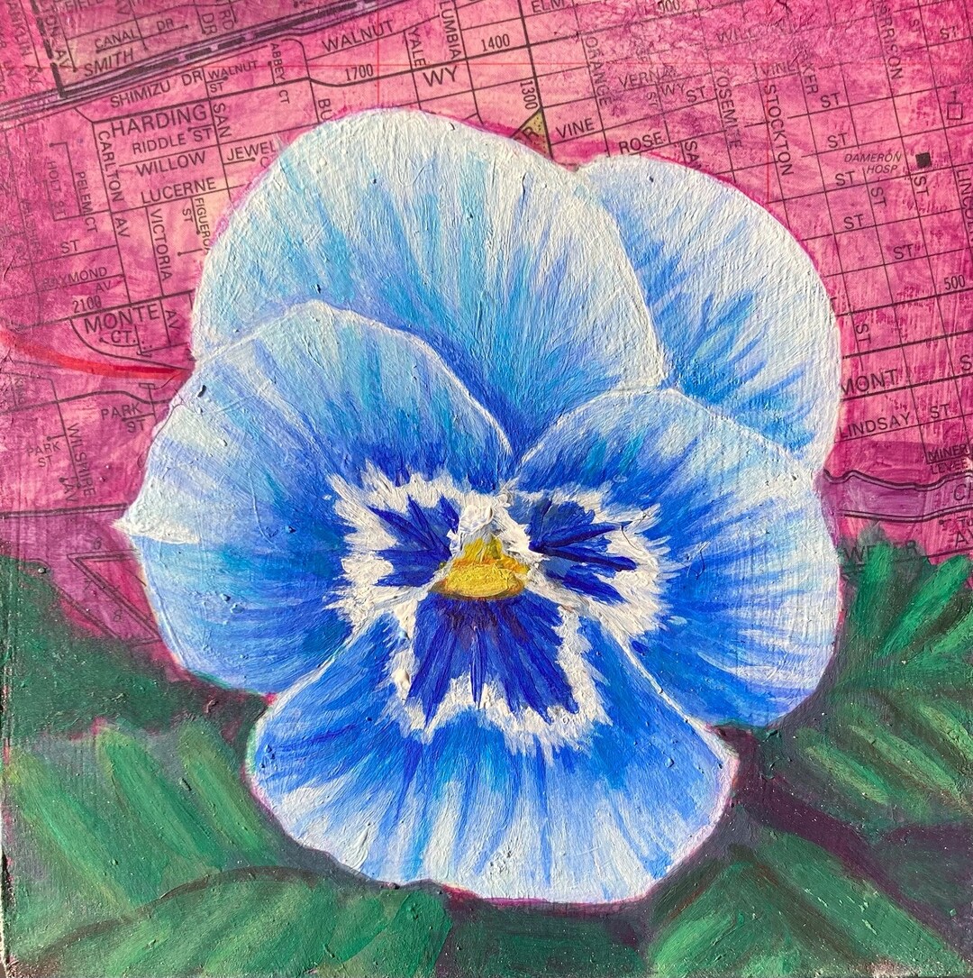 Mini Blue Pansy Flower Original 4x4 In. Painting on Map - Tiny Floral ...