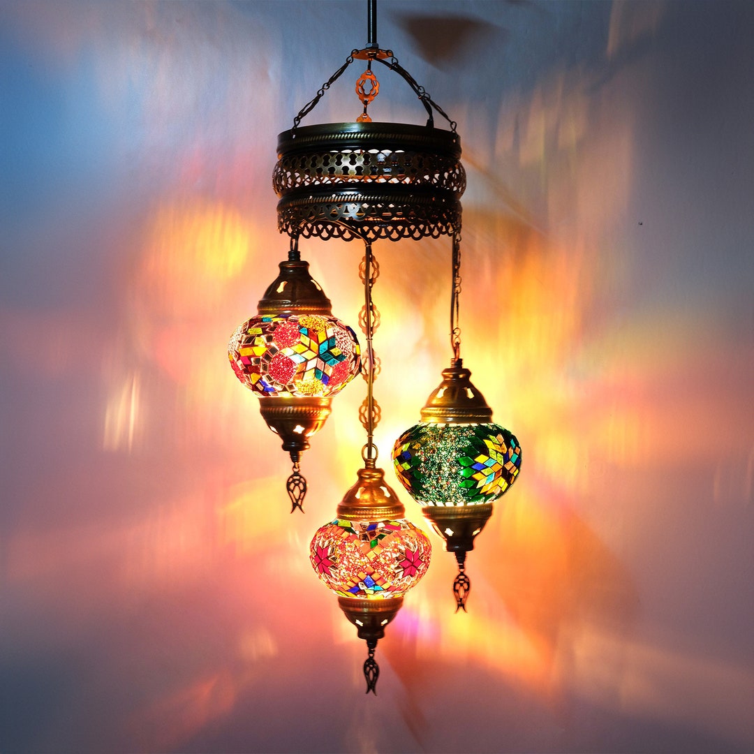 Turkish Pendant Lamp, Turkish Ceiling Lamp, 3 Globe Mosaic Hanging Lamp ...