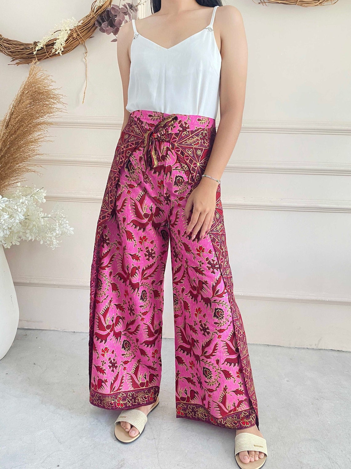 Pink Ethnic Batik Wrap Pants, Batik Wrap Pants, Pink Floral Patterns ...