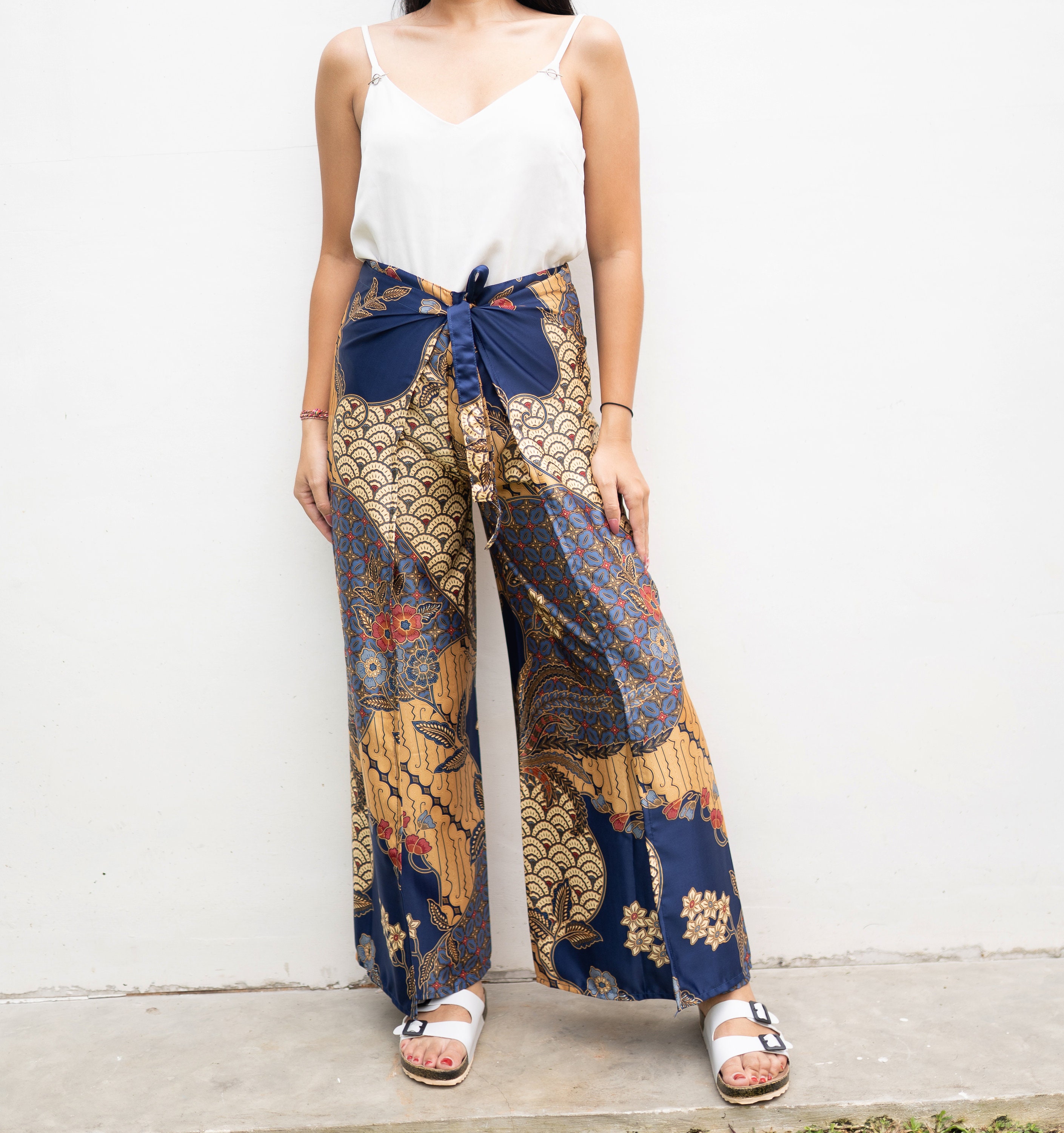 D01 Blue Batik Silk Wrap Pants, Handmade Silk Long Pants, Festival ...