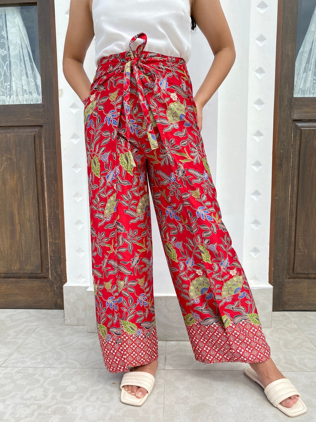 Red Floral Silk Wrap Pants Festival Trousers Handmade Silk - Etsy