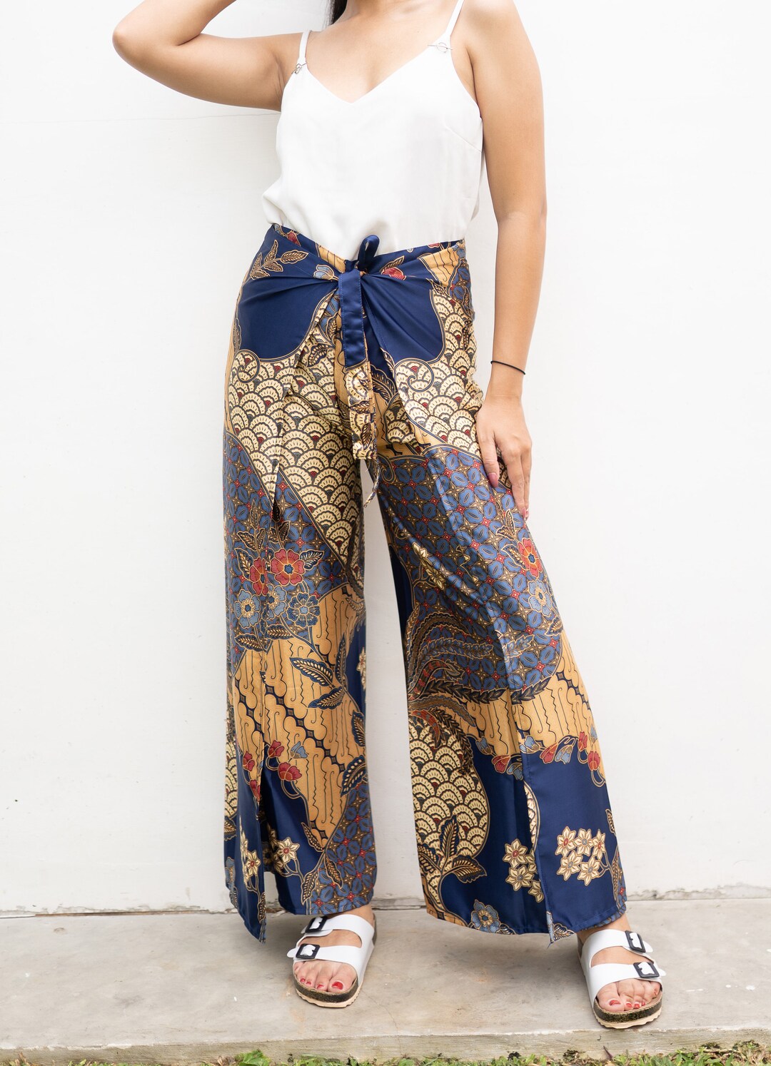 D01 Blue Batik Silk Wrap Pants, Handmade Silk Long Pants, Festival ...