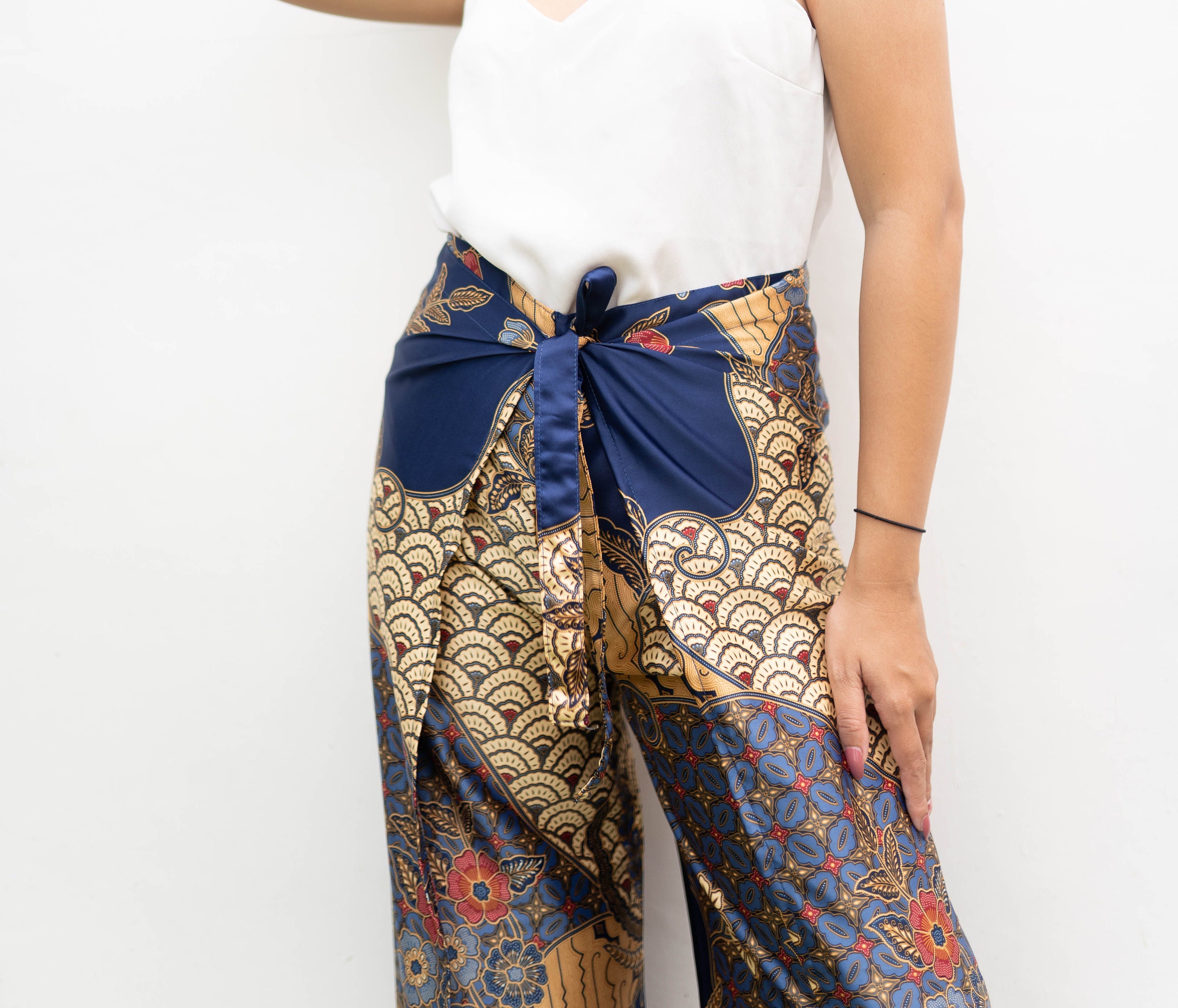 D01 Blue Batik Silk Wrap Pants, Handmade Silk Long Pants, Festival ...