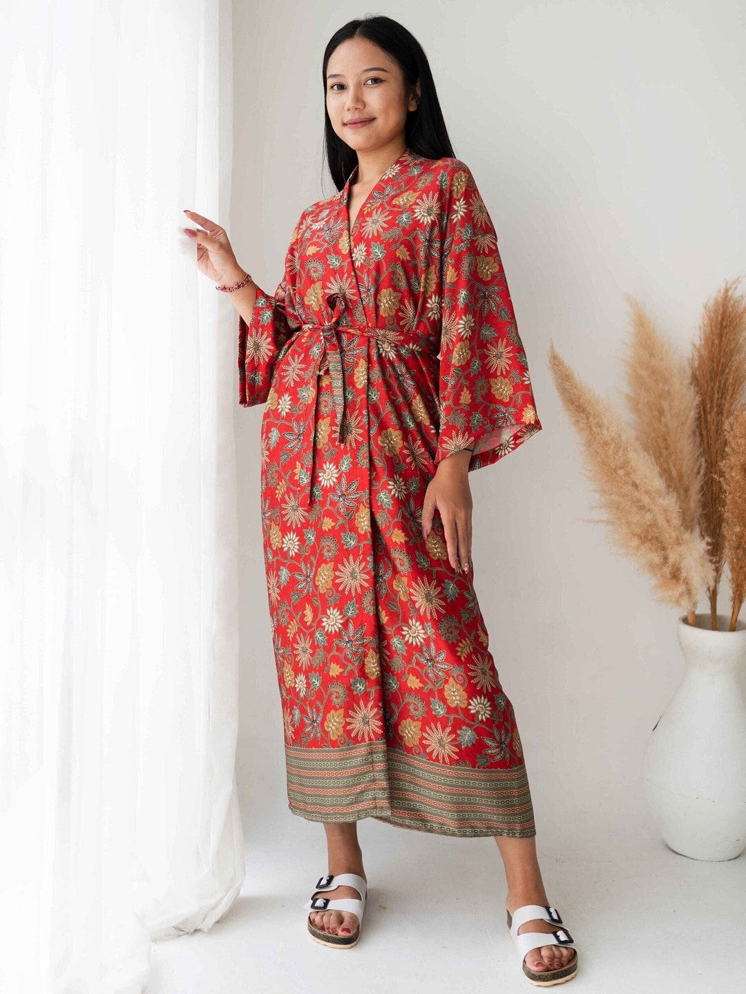 S11 Long Red Kimono Robe, Luxury Pyjamas, Silk Kimono Robe, Night Wear ...