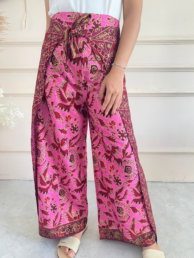 Pink Ethnic Batik Wrap Pants, Batik Wrap Pants, Pink Floral Patterns ...