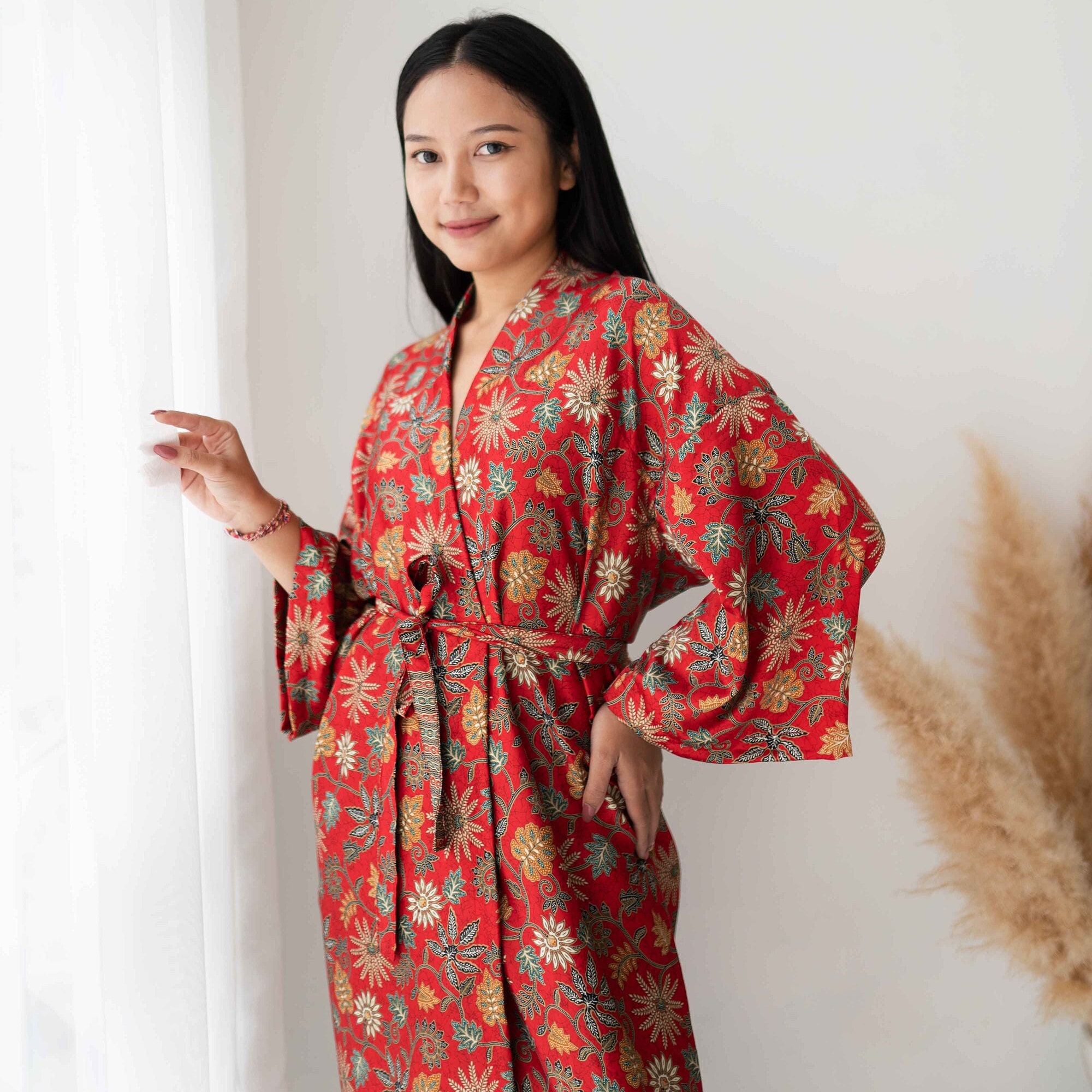 S11 Long Red Kimono Robe, Luxury Pyjamas, Silk Kimono Robe, Night Wear ...