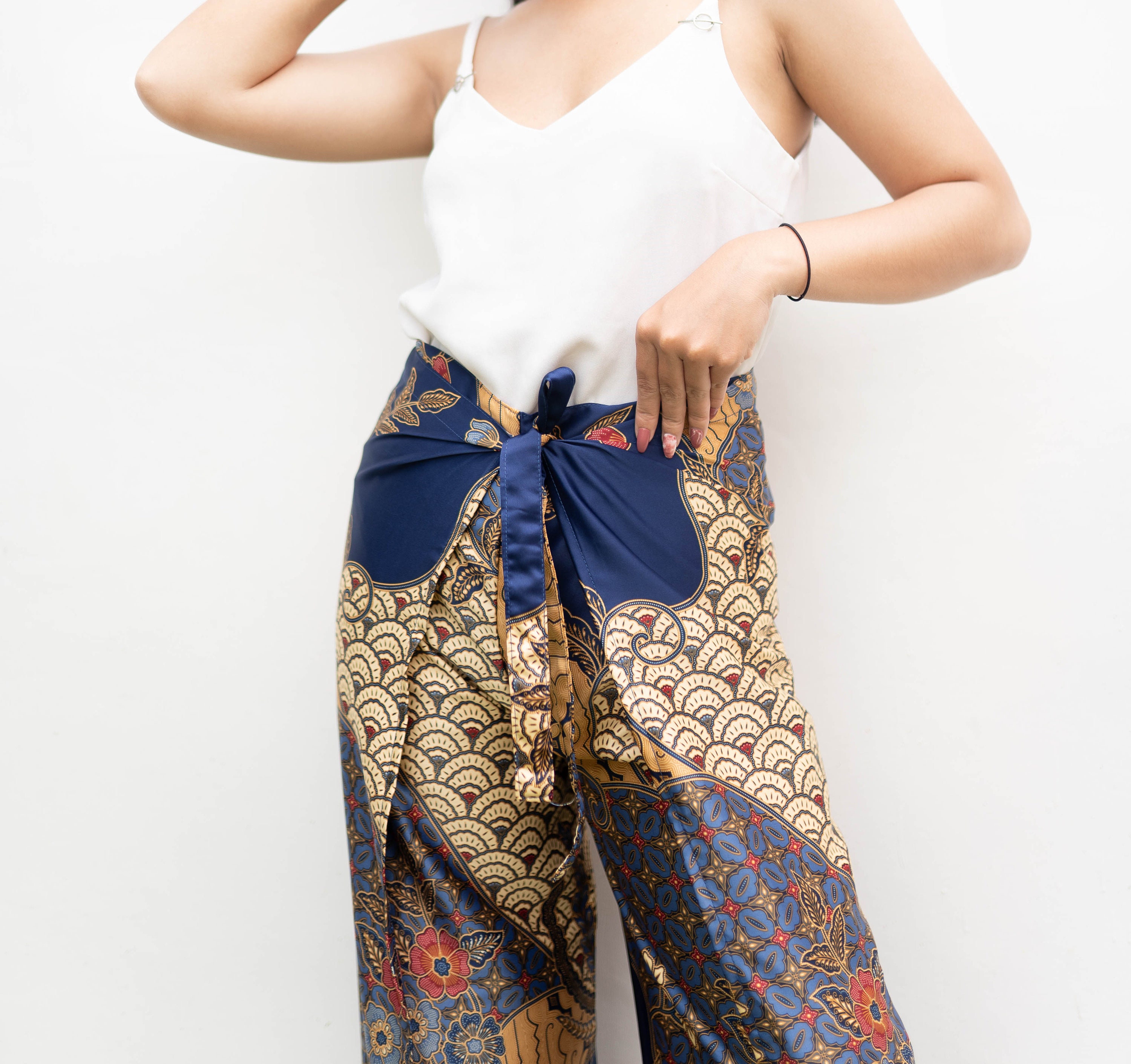 D01 Blue Batik Silk Wrap Pants, Handmade Silk Long Pants, Festival ...