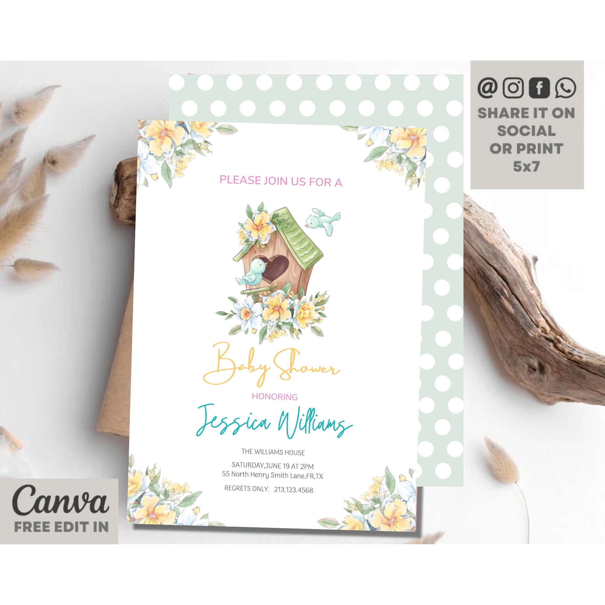 Bird Baby Shower Invitation, Bird House Watercolor Baby Shower Invite ...