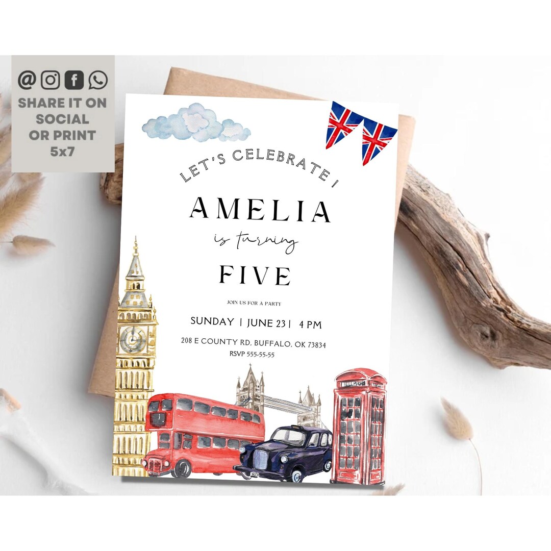 London Birthday Invitation, Big Ben Birthday Party Invitation, British ...