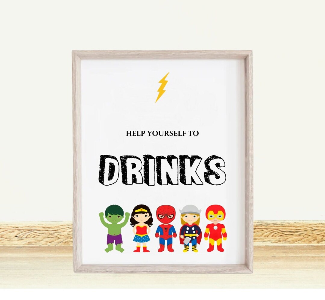 Superhero Drinks Sign, Superheroes Custom Favor Sign, Spiderman ...