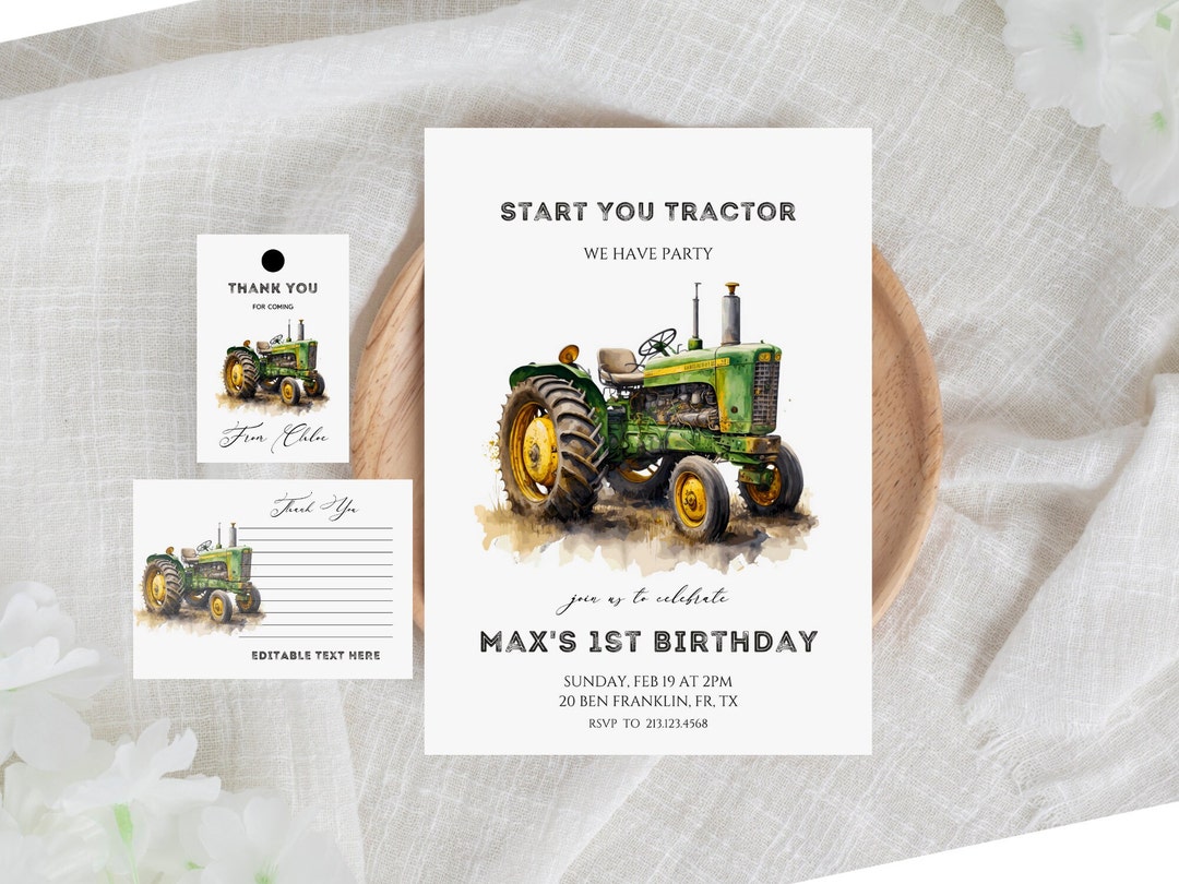 Tractor First Birthday Invitation, Green Tractor 1st Invitation, Green Tractor 1st Kids Birthday ...