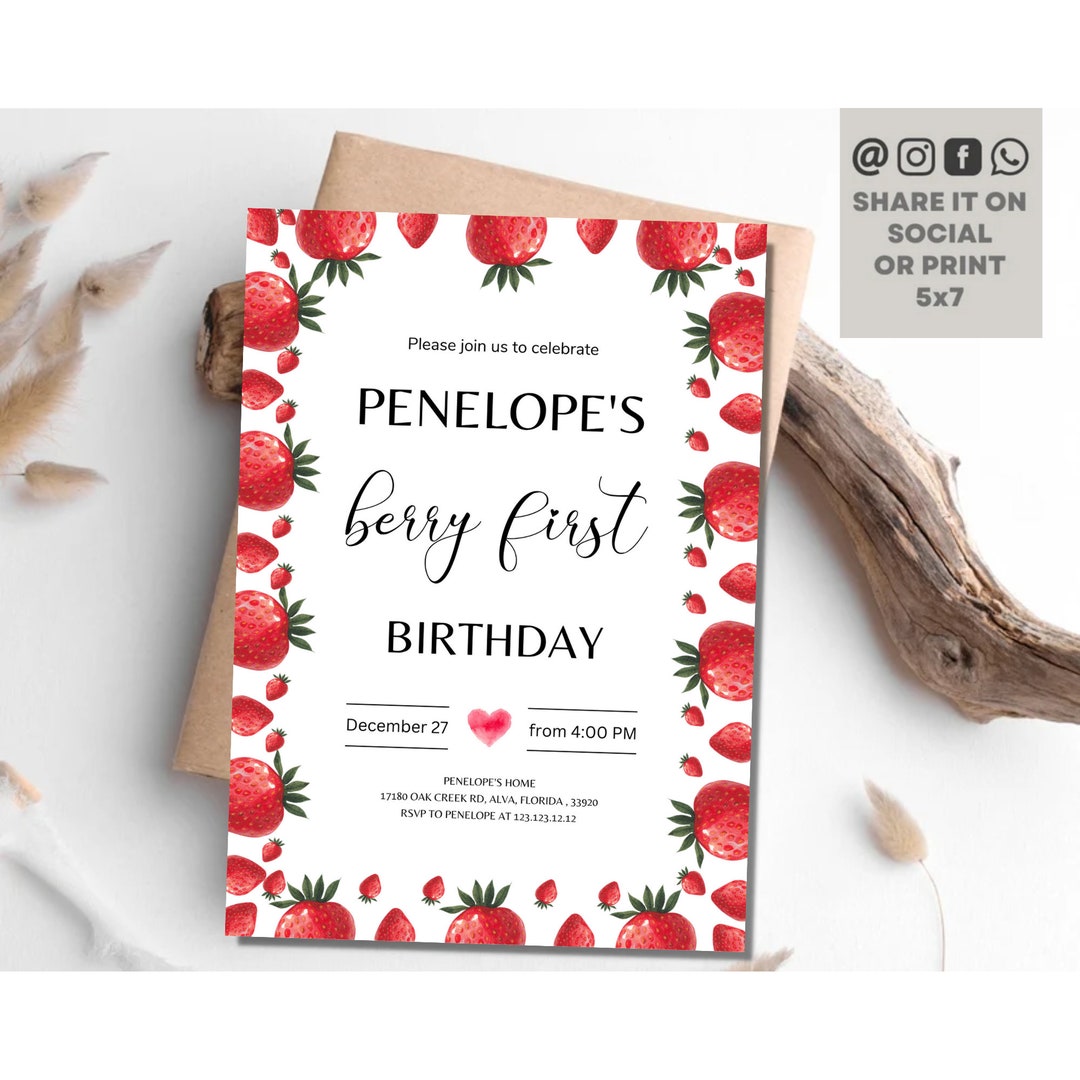 Editable Strawberry Birthday Invitation First Birthday Berry Sweet ...