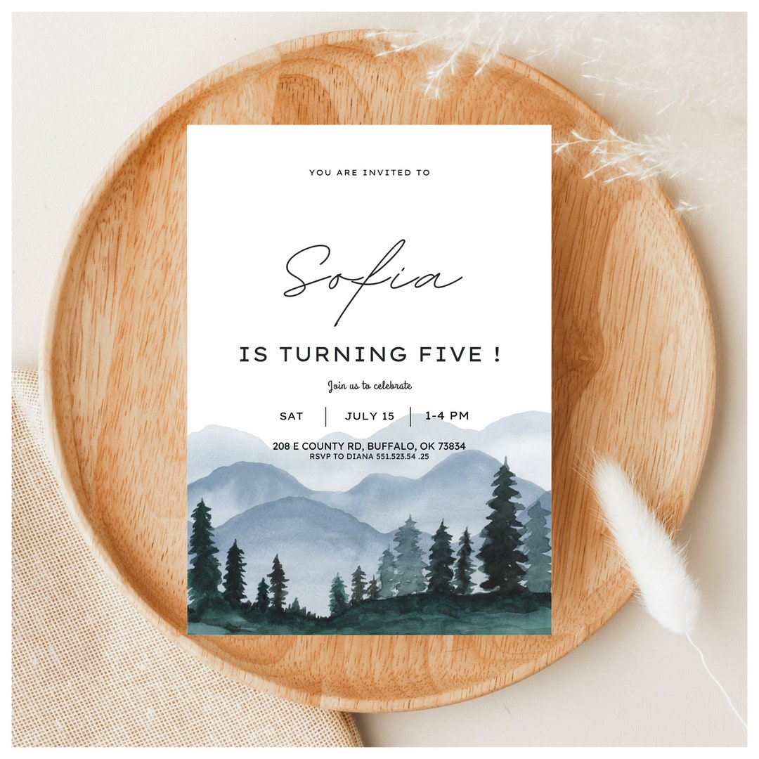 Forest Mountain Birthday Invitation, Adventure Mountain Forest Pinetree ...