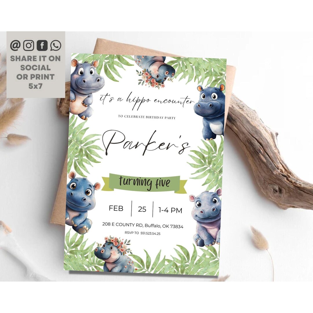 Hippo Birthday Invitation, Hippopotamus Jungle Party Invitation ...